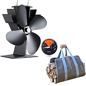GALAFIRE 4-Blades Heat Powered Wood Stove Fan (for Wood/Log Burner/Fireplace) + Magnetic Stove Thermometer + Canvas Firewood Carrier Bag with Handles