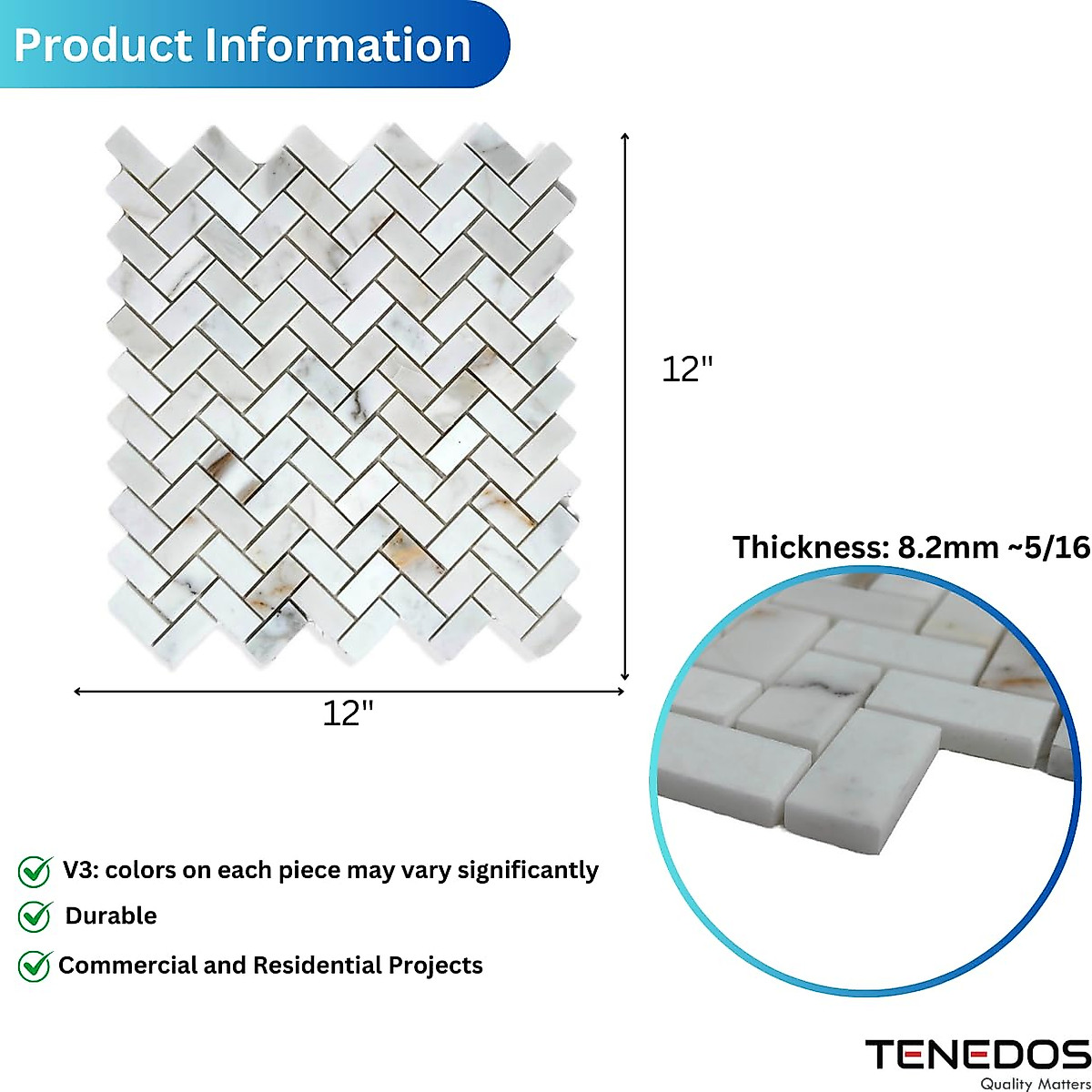 Tenedos Calacatta Gold Oro Grayish Marble Herringbone Mosaic Floor Wall Tile Backsplash Polished for Kitchen, Bathroom Shower, Fireplace Surround, Accent Decor