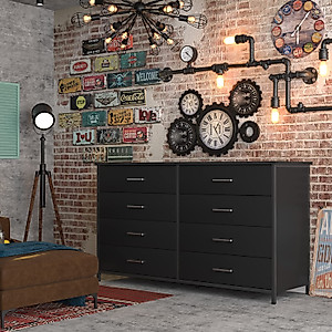IKENO 8 Drawer Dresser for Bedroom, Industrial Wood Dresser Wide 8 Chest of Drawers, Wooden Storage Organizer Dresser with Sturdy Steel Frame (Black)