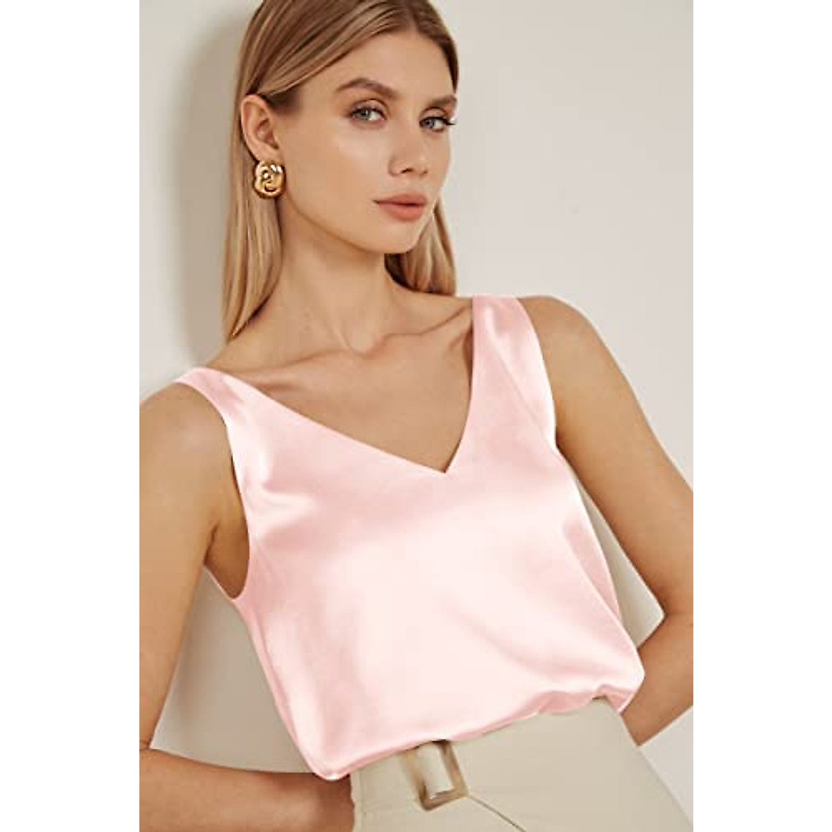 Women's Casual V Neck Sleeveless Tank Tops Silk Cami Basic Camisole Tank Blouses Summer Shirt Pastel Pink