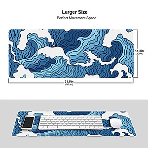 Japanese Blue and White Wave Gaming Mouse Pad XL, Non Slip Rubber Base Mousepad, Stitched Edges Desk Pad, Extended Large Mice Pad,31.5 X 11.8 Inch