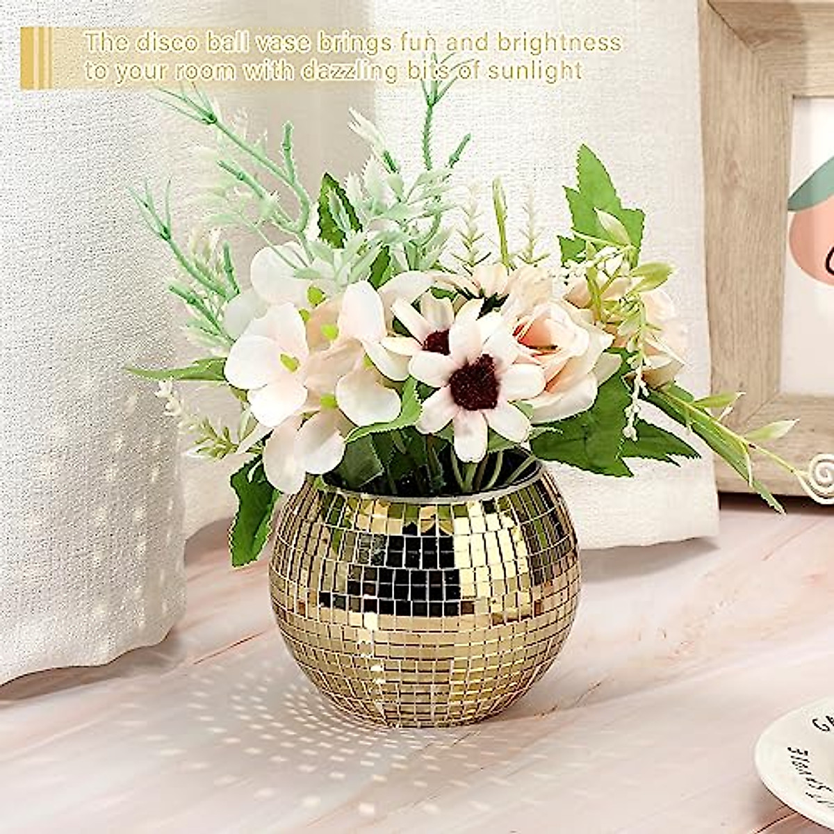 6 Pieces Disco Ball Flower Vase Mirror Disco Ball Glass Vase Disco Ball Planter Candle Holder Glass Vase Bulk for Wedding Centerpieces Bedroom Kitchen Office Decoration Birthday (Gold,3 x 4 Inch)
