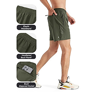 HIFEOS Mens Athletic Shorts -Running, Tennis Gym Workout Shorts for Men 5"/7"/9"- Comfort, Lightweight, 3 Zippered Pockets Army Green