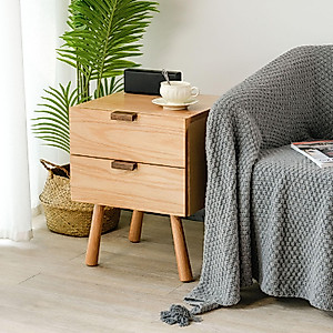 Cttasty Night Stand, Mid Century Modern Nightstand w/2 Drawers, Cute Small Nightstand, Boho Nightstand, Solid Wood Bedroom Nightstand, Oak Bedside Table, 16.54 W x 15.75 D x 21.65 H Inches(Natural)