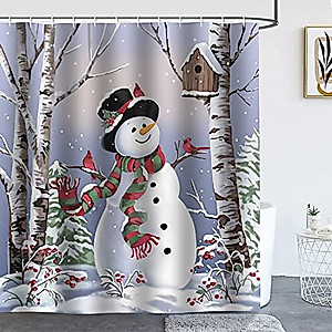 HEWEGO Snowman with Scarf Shower Curtain Sets with Rugs for Bathroom,Christmas Bathroom Sets with Durable Shower Curtain Toilet Lid Cover and 12 Hooks, Snowman Bathroom Curtain(Large Size)