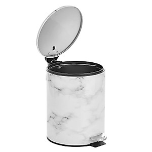 mDesign Metal 1.3 Gallon/5 Liter Round Step Trash Wastebasket, Garbage Container Bin with Lid for Bathroom, Powder Room, Bedroom, Kitchen, Craft Room, Office - Removable Liner Bucket - White Marble