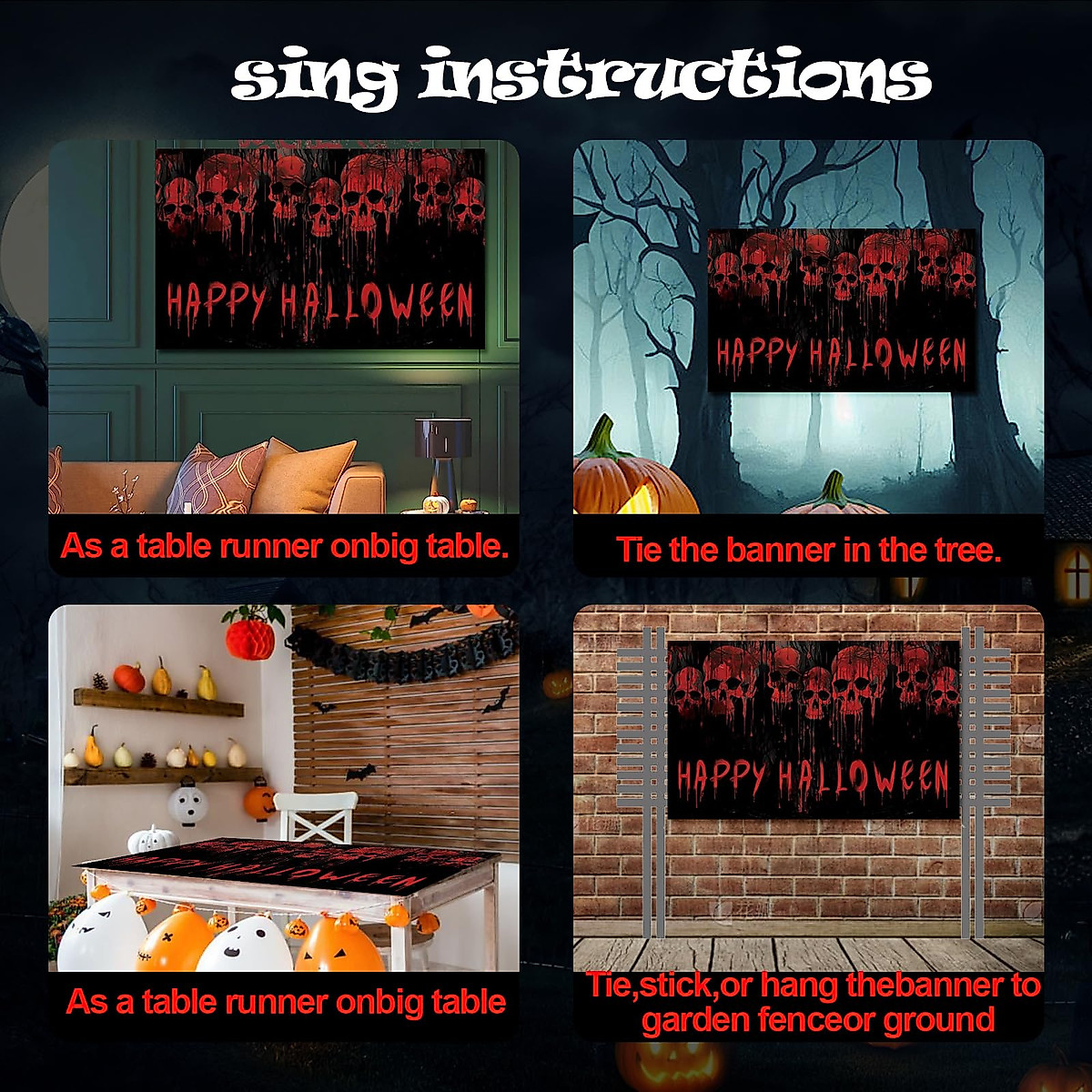 Scary Skull Table Runner Table Decorations, Halloween Background Banners Horror Halloween Photo Background for Halloween Party Wall Door Decor