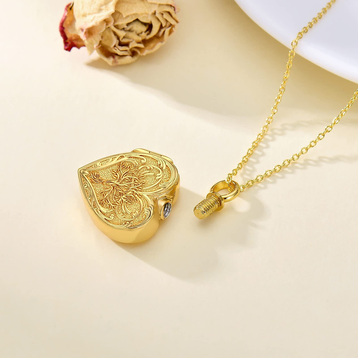 SOULMEET Personalized 10k 14k 18k Solid Gold/Filled Gold Tree of Life Cremation Locket Necklace for Ashes, Engraving Tree Urn Necklace That Holds Human Dog Cat Ashes (Custom Name)