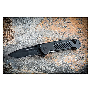 Sheffield 12870 Moab 3.5 Inch Emergency Folding Knife, Partially Serrated Drop Point Blade, Belt Cutter, Glass Breaker, Tactical EDC Pocket Knife