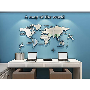 WINDIR 3D World Map Wall Stickers Decor Murals DIY Decal Silver 71x40 inch, Acrylic Office Wall Art Decor Bedroom Living Room TV Wall (Silver: 180x100 cm)