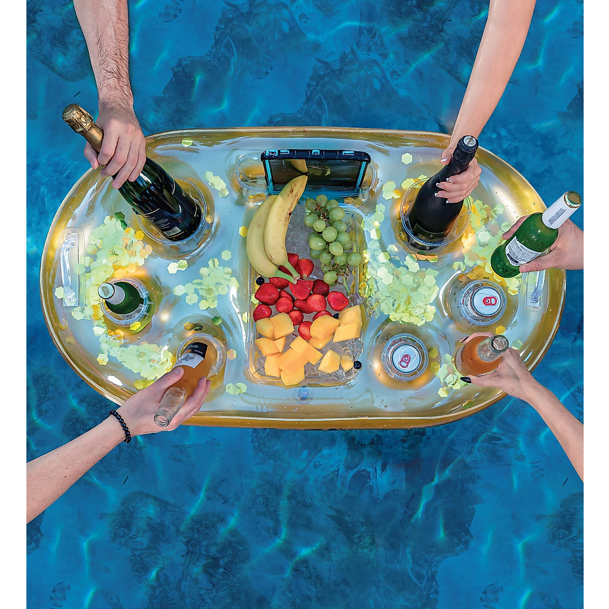 POZA Inflatable Gold Floating Cooler - Luxurious Drink Holder Filled with Sparkly Confetti, Premium Party Float with 8 Holders, Serving Bar for Beach, Lake, Hot Tub, Jacuzzi and Pool - 39x23 Inches