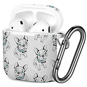 [ Compatible with AirPods 2 and 1 ] Shockproof Soft TPU Gel Case Cover with Keychain Carabiner for Apple AirPods (French Bulldog)