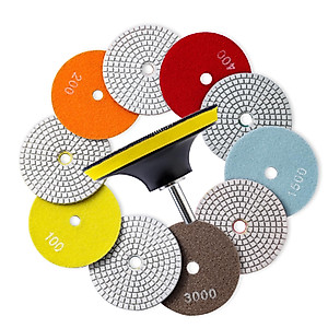 XKDOUS 13pcs Diamond Polishing Pads Set,50-8000 Grit Pads,Wet/Dry Granite Polish Kit with Backer Pad for Drill Grinder Rock Polisher Granite Marble Stone Concrete Tile Tools