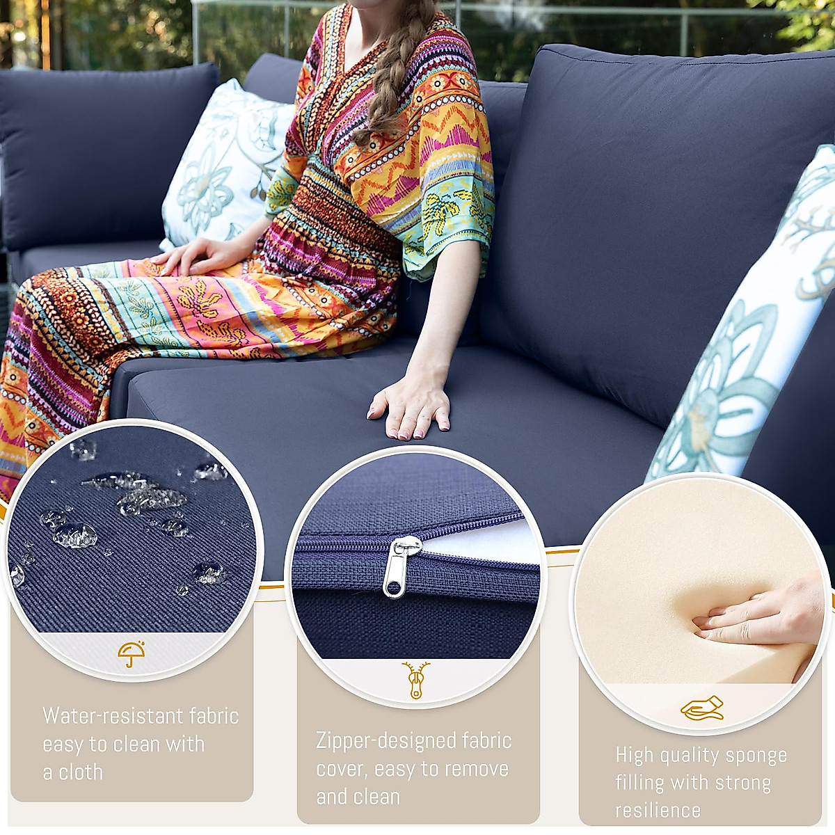 BULEXYARD High Back Brown PE Rattan Outdoor Patio Furniture Set with Propane Fire Pit Table, Large Wicker Outside Sectional Furniture Sofa Conversation Sets for Backyard(Navy Blue, 9Pcs-A)