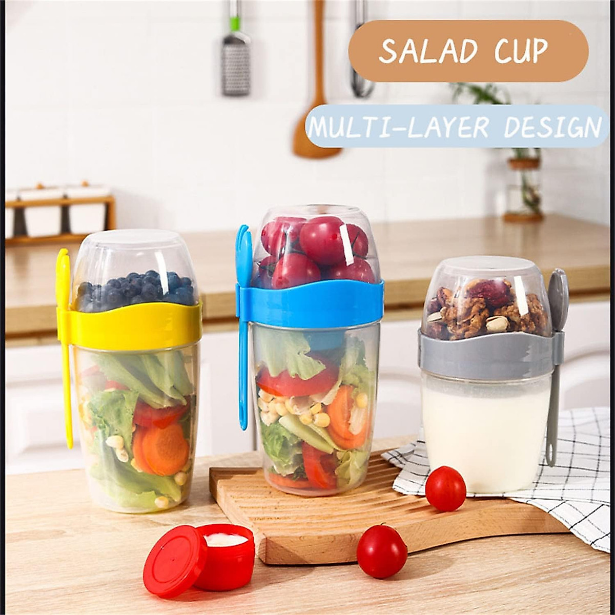 Habysedu Keep Fit Salad Meal Shaker Cup,Travel Cup with Snack Bowl, Portable Fruit and Vegetable Salad Cups Container with Fork & Salad Dressing Holder, Overnight Oats Containers with Lids(Blue)