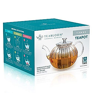 Teabloom Vienna Glass Teapot – Stain-Free Glass with Removable Loose Tea Infuser – Stovetop Safe – Dripless Spout – 24 oz / 700 ml (1-2 Cups)