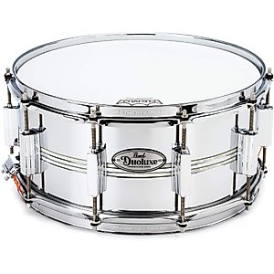 Pearl DuoLuxe 14"x6.5" Chrome-over-Brass Inlaid Snare Drum (DUX1450BR405) with twin Nicotine White Marine Pearl Inlays and Classic BSL Lugs.