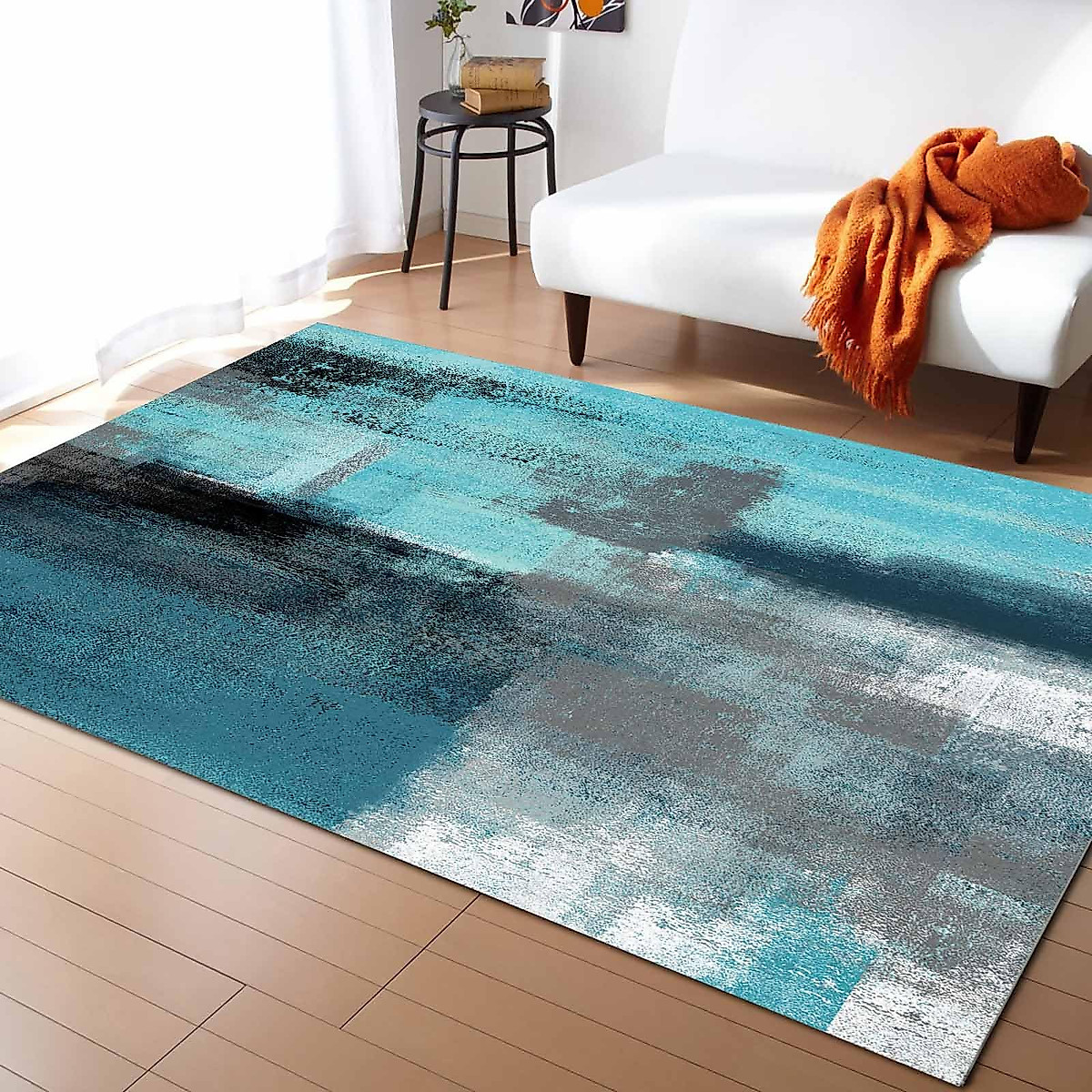 Contemporary Non-Slip Area Rug Turquoise and Grey Abstract Art Painting Teal Printed Rugs Art Carnival Rubber Backing Living Room Floor Mats Rectangle Area Rug Carpet for Indoor 2.7'x5'