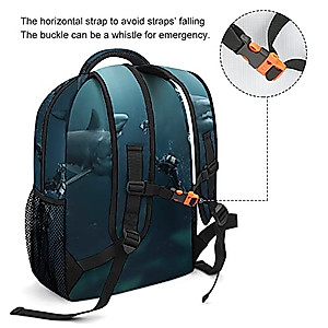 Undersea Shark Laptop backpack,Funny Ocean Wildlife Shark Diver Face to Face Backpack with Padded Shoulder Straps One Size