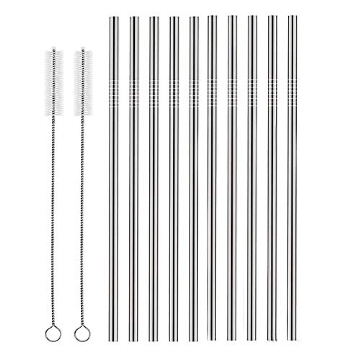 Set of 10 Stainless Steel Straws, HuaQi Straight Reusable Drinking Straws 10.5'' Long 0.24‘’ Dia for 30 oz Tumbler and 20 oz Tumbler, 2 Cleaning Brush Included (10 Straight Straws + 2 Brushes）