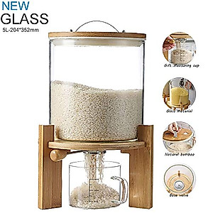 Flour and Cereal Container, Rice Dispenser 5L/8L, Creative Glass Food Storge Container for Kitchen Organization and Pantry Store, Airtight Lid and Wooden Stand5L