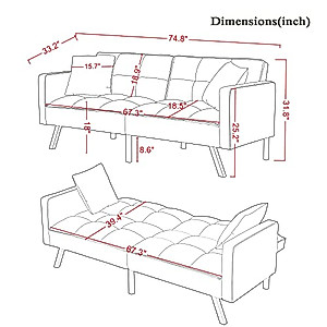Velvet Futon Sofa Bed with Two Pillows, Convertible Sleeper Sofa Couch with 3 Angle Adjustable Backrest, Modern Loveseat with 6 Metal Legs for Living Room, Bedroom (Blue)