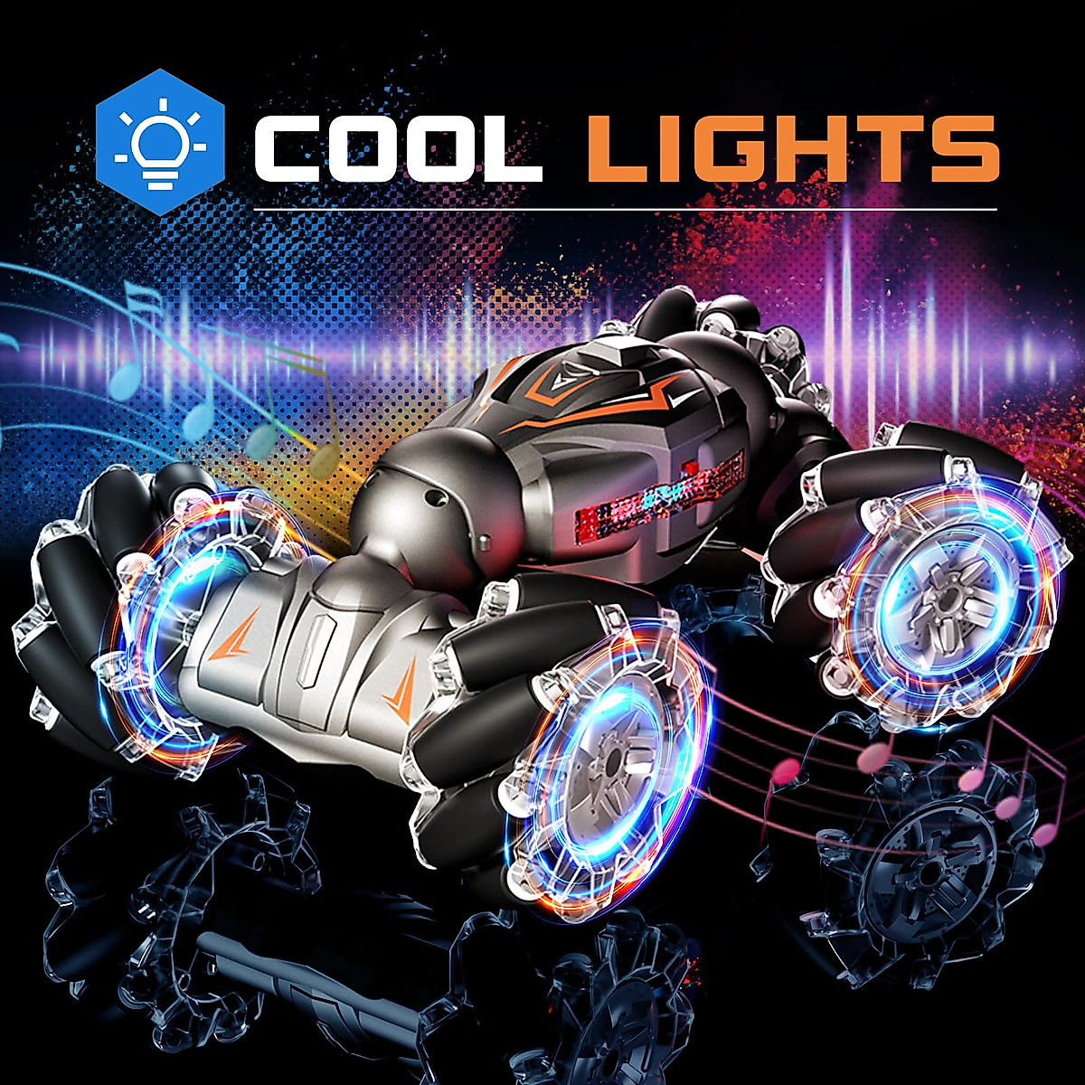 Deejoy 1:12 RC Stunt Car, 2.4GHz 4WD Remote Control Gesture Sensor Toy Cars, Double Sided Rotating Off Road Vehicle 360° Flips with Lights Music, for Boys & Girls Birthday（Black Silver）