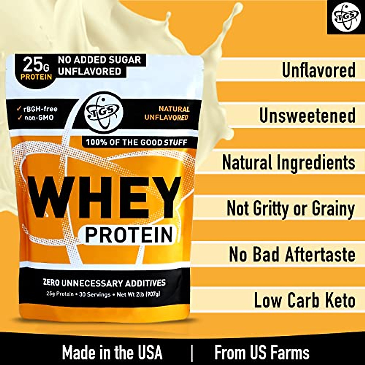 TGS 100% Whey Protein Powder Unflavored, Unsweetened, Keto Friendly - 2lb - All Natural, Low Carb, Low Calorie, Soy Free, Gluten Free, Made in USA