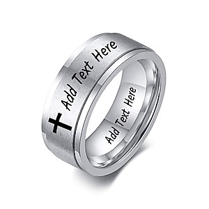 MZZJ Free Engraved Religious Jewelry Christian Cross Faith Bible Verse Scripture 8MM Brushed Finish Stainless Steel Spinner Step Beveled Edges Promise Engagement Ring Wedding Band for Unisex,Size 7