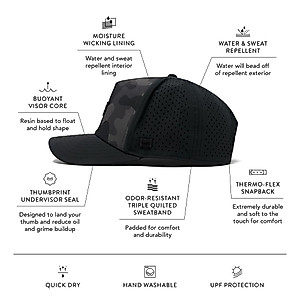 melin Odyssey Brick Hydro, Black Camo Midnight, Men's Performance Snapback Hats, Water-Resistant Fitted Baseball Cap for Men & Women, Golf, Running, or Workout Hat, Medium-Large