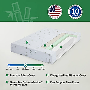 Coolsence Twin Cool Gel Memory Foam Mattress Bed in a Box 10 Inch, CertiPUR-US Certified Bamboo Cover Green Tea Mattress Made in USA, Medium Firm, 38”x75”x10”