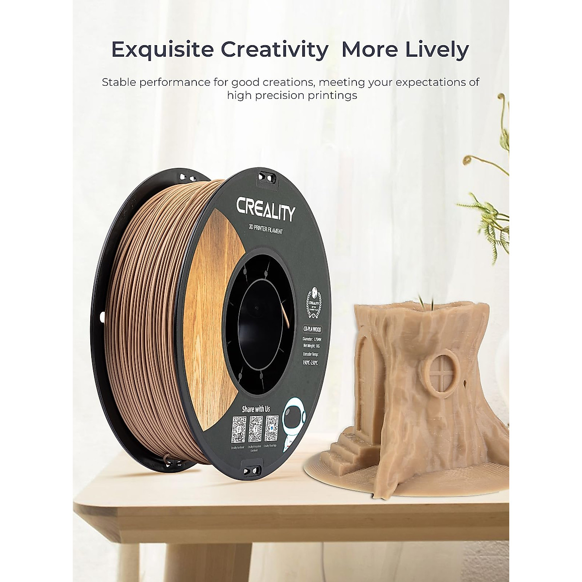 Creality Wood Filament PLA, 3D Printer Filament 1.75 mm, Smooth Silk Texture, Toughness, 1kg(2.2lbs)/Spool Printing Filament, for All FDM Printers (Wood)