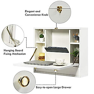 Tangkula Wall Mounted Desk, Folding Wall Table Floating Desk Wall Mount Laptop Desk, Space Saving Wall Mounted Table Wall Desk with Storage Drawer & Shelves (White)