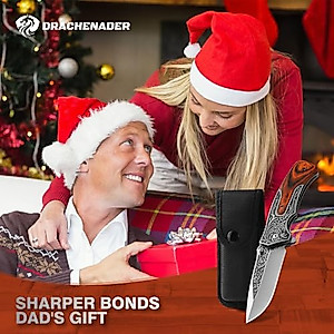 DRACHENADER Pocket Knife with Nylon Sheath and Clip, D-J34, Gift for Men, Christmas, Birthday, Father's Day, 8.7" 440C Stainless Steel Cool Folding Knife3D Retro Embossed Pattern, Boyfriend Gifts