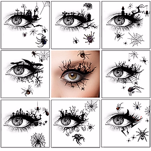 8 Pairs Halloween Temporary Eye Tattoo Stickers&10 Sheets Spider Web Stickers 3D Eyeshadow Eyeliner Sticker Waterproof Face Eye Art Decor Sticker Masquerade Cosplay Party Decals Prank Props Women Girl