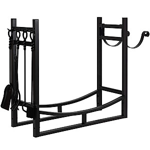 Amagabeli Large Firewood Rack With Fireplace Tools Set 33.5 Inch Wood Rack Wrought Iron Indoor Outdoor Kindling Log Holder Heavy Duty Wide Wood Storage Log Rack Accessories Shovel Poker Tongs Broom
