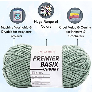 Premier Yarns Basix Chunky Sage 1145-31 (6-Skeins - Same Dye Lot) Chunky Bulky #5 Acrylic Yarn for Crocheting and Knitting - Bundle with 1 Artsiga Crafts Project Bag