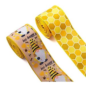 2 Roll 10 Yards Bee Gnomes Ribbons 2.5", Summer Bumble Bee Wired Edge Burlap Ribbon Black Yellow Bee Honeycomb Ribbon for Farmhouse Decor Gift Wrapping DIY Crafts Wreaths Bow