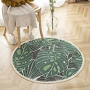 Poowe Round Cotton Rug Woven Tassel Throw Rug Washable Area Rug for Living Room Bedroom Kitchen Bathroom (Green Leaves)