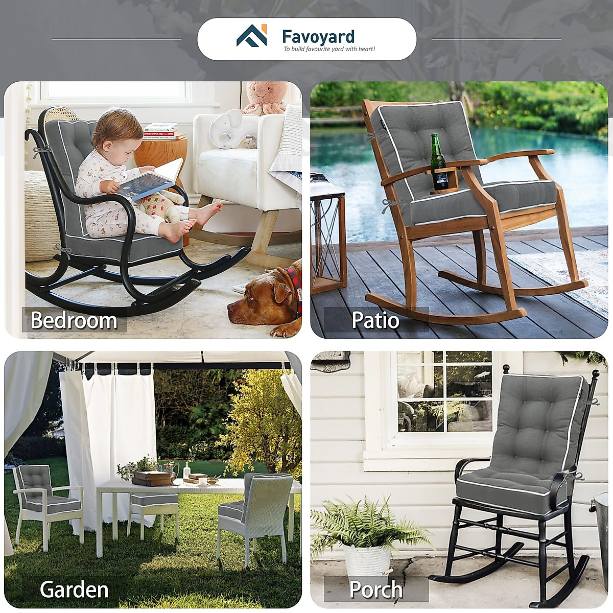 Favoyard Rocking Chair Cushion Set, Indoor & Outdoor Rocker Cushions, Water Resistant Seat Cushion Set for Patio Furniture 3-Year Color Fastness Chair Pads with Ties, Dark Gray
