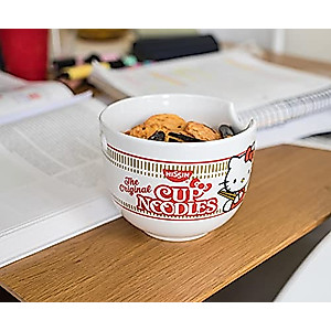 Hello Kitty Cup Noodles Japanese Ceramic Dinnerware Set | Includes 20-Ounce Ramen Bowl and Wooden Chopsticks | Asian Food Dish Set For Home Kitchen | Kawaii Anime Gifts, Official Sanrio Collectible