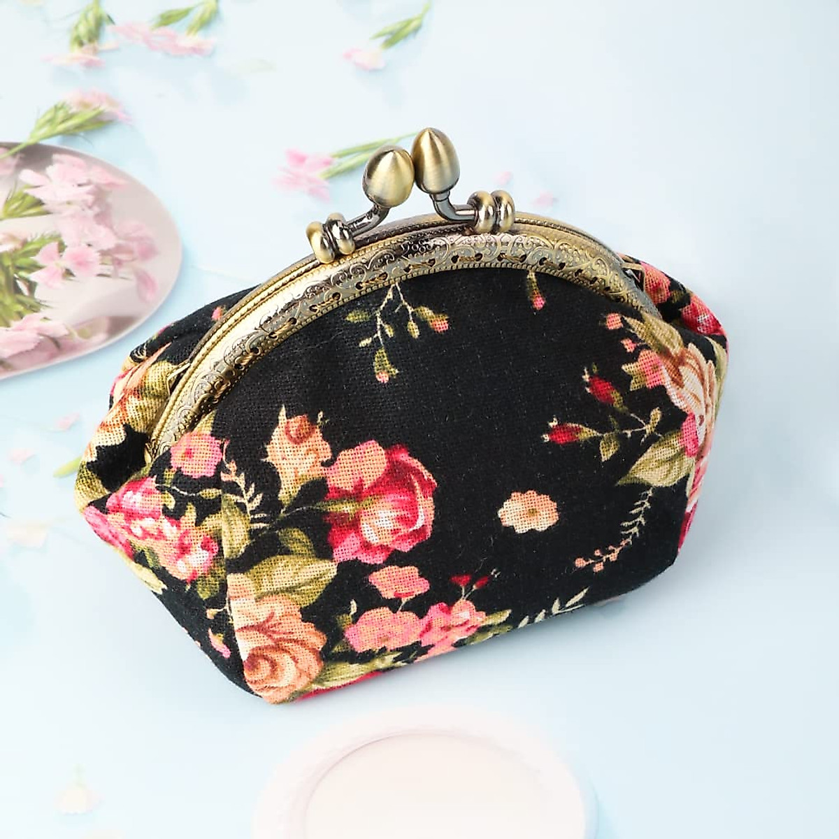 Oyachic Floral Coin Purse,Cute Flower Change Purse,Vintage Wallet with Clasp,Coin Holder Pouch for Woman Girls