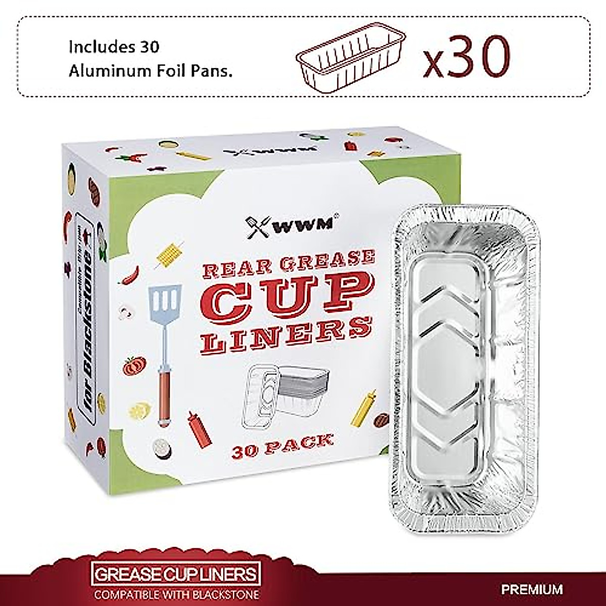 WWM 30 Pack Grease Cup Liners Compatible for Blackstone Griddles 17'' 22'' 28'' 30'' 36 Inch, Aluminum Foil Rear Drip Pan Liners 5017 Compatible for Blackstone Griddle Accessories