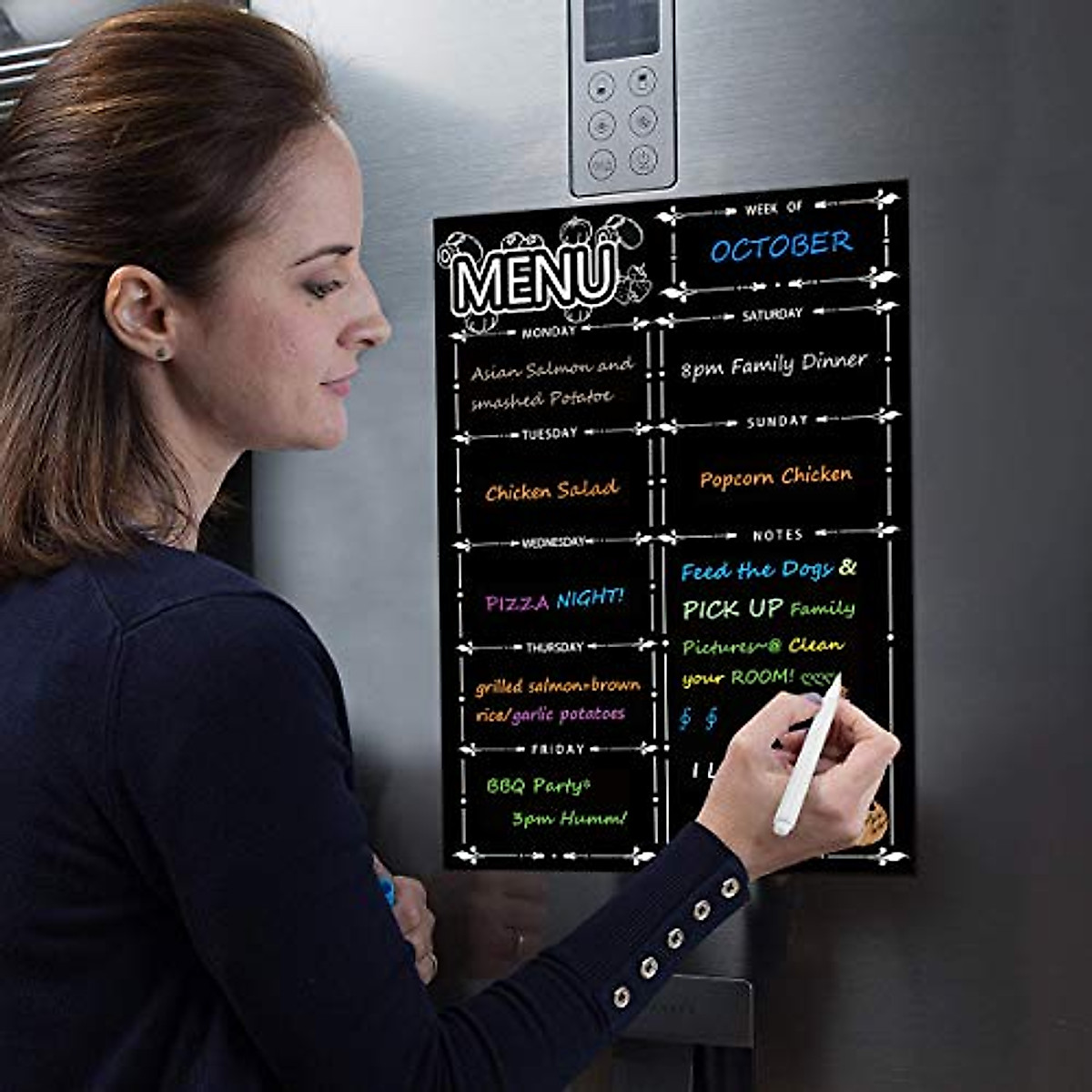 Magnetic Menu Board for Fridge, LiebHome Dry Erase Weekly Menu Planner/Family Calendar 16" x 12" with Grocery List and Notes (Black with 8 Markers)