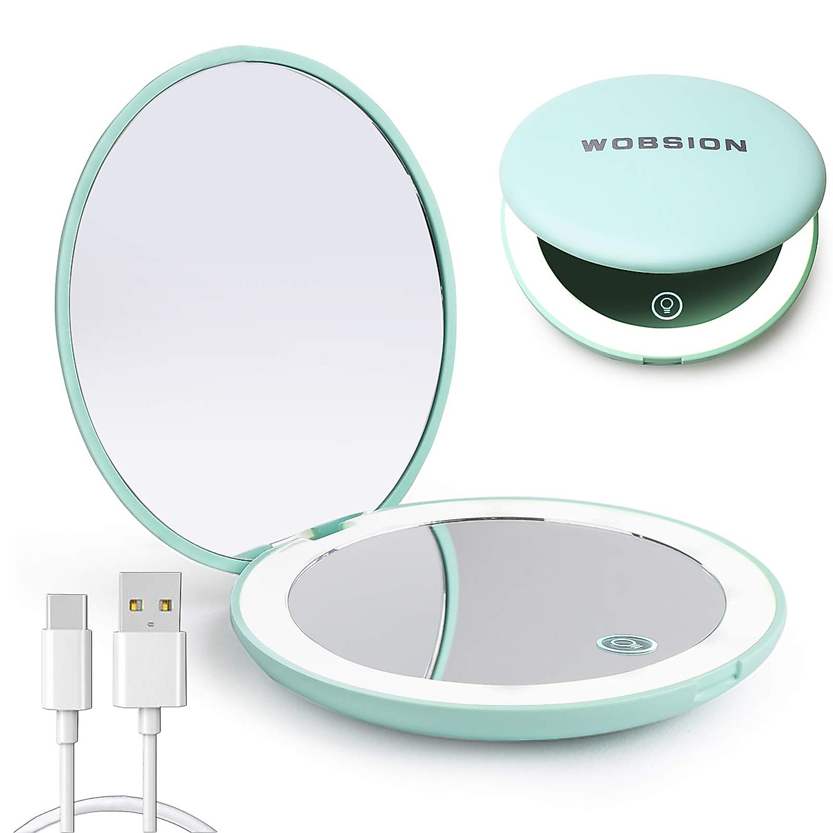 wobsion Travel Mirror with Light, Rechargeable 1x/10x Compact Magnifying Mirror, Dimmable Pocket Mirror,3.5inch Travel Size,Portable for Handbag,Purse,Gift,Cyan