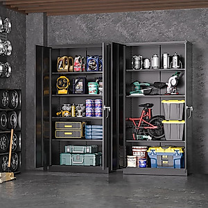 Greenvelly Metal Storage Cabinet, 72” Black Locking Storage Cabinets for Home Office Steel Filing Cabinet with Doors and Adjustable Shelves, Lockable Metal Tool Storage Cabinet for Garage, Business