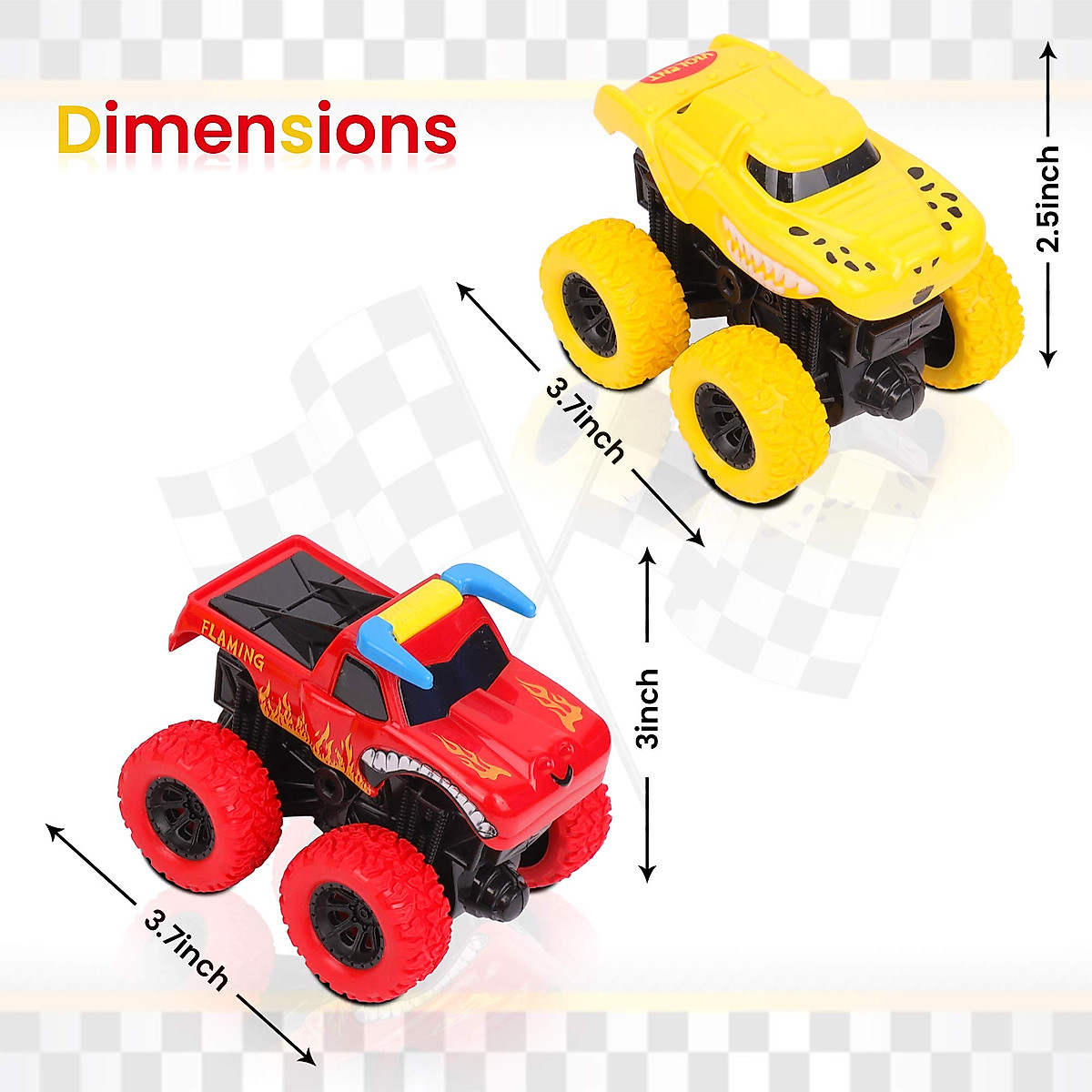 Kidstech Super Friction Monster Trucks with 360 Degrees Back Flip Ramp Track Set of 2 Cars - Push N Go Large Wheel Cars for Kids Ages 3+ (Colors May Vary)