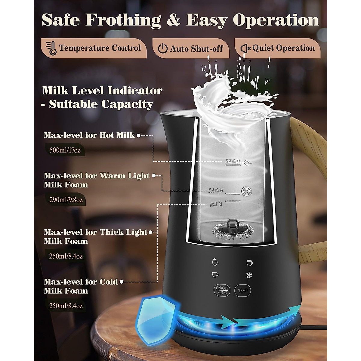 Nuovoware 4-in-1 Milk Frother and Steamer with Temperature Control Display Screen, Electric Automatic Frother for Hot Chocolate Milk, Cappuccinos, Latte, Macchiato, Black