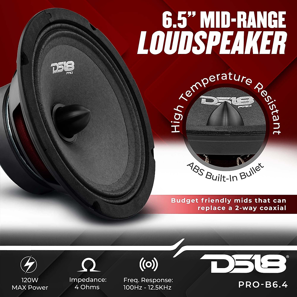 DS18 Bundle Car Speakers - 4X 6.5 Loudspeaker with Bullet 4-Ohm 120 Watts Peak & 4X 3” PRO Aluminum Super Bullet Tweeter 240 Watts Peak with Built in Crossover - Pro Car Audio Package Mid and High