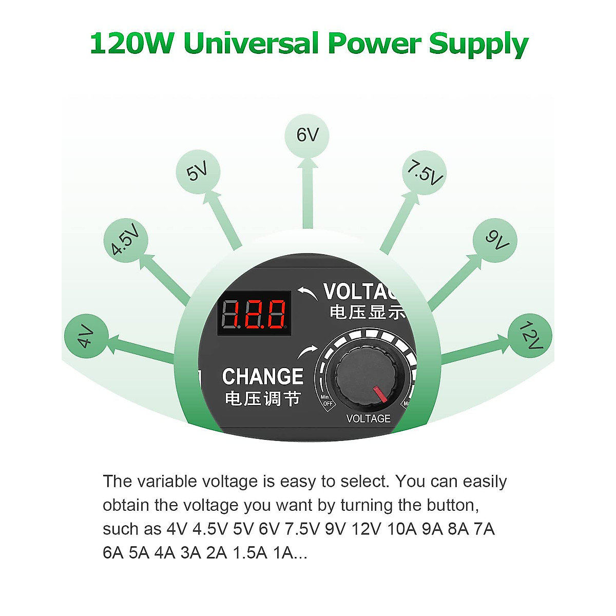 Arkare Universal Power Supply 120W AC Adapter Adjustable Power Adapter 4.5V 5V 9V 12V 10A 8A 6A 5A 3A 1A AC/DC AC 100-240V to DC 4~12V Multi Voltage Switching with 15 Tips & Polarity Converter